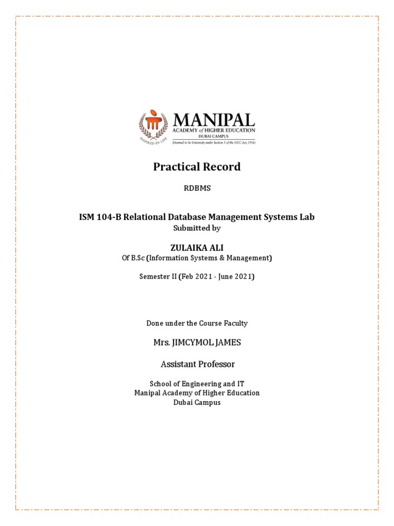 ISM 104B - RDBMS Lab Record Feb 2021 | PDF