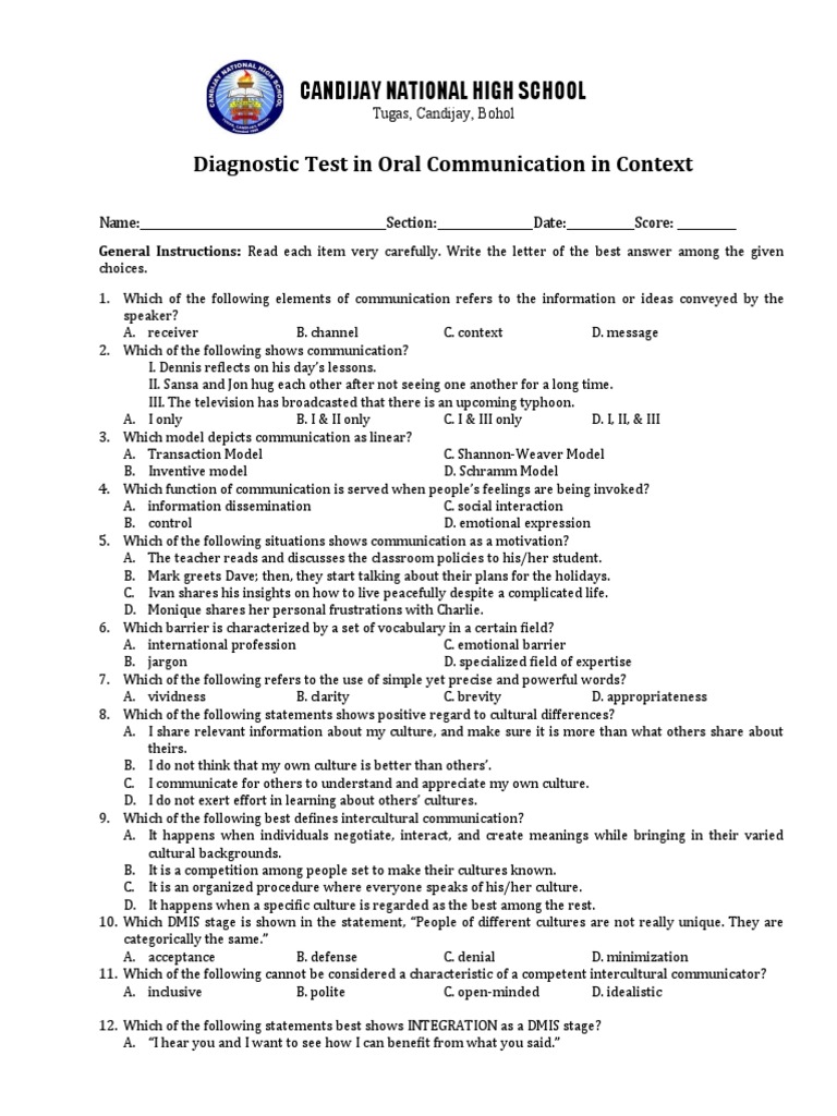 Diagnostic Test in Oral Communication in Context Short Bond PDF Free ...