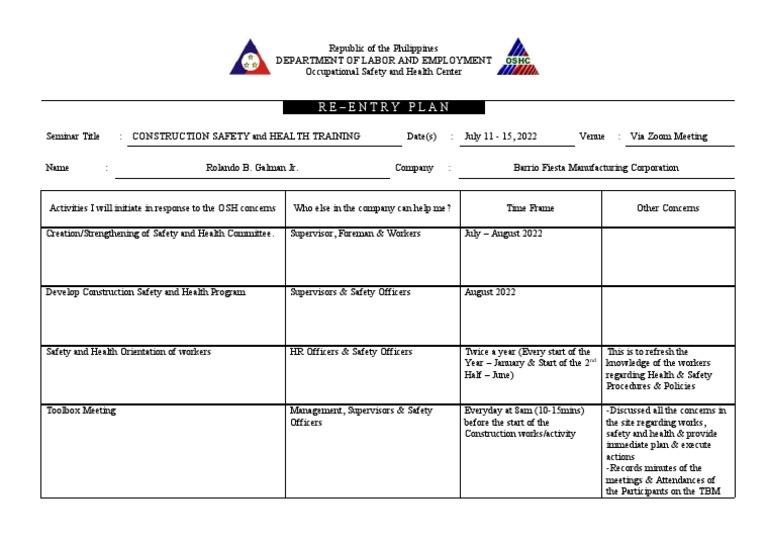 Re Entry Plan Construction | Download Free PDF | Occupational Safety ...