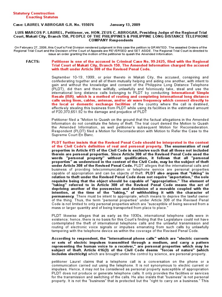 Case Digests Laurel V Abrogar | PDF | Statutory Interpretation | Theft