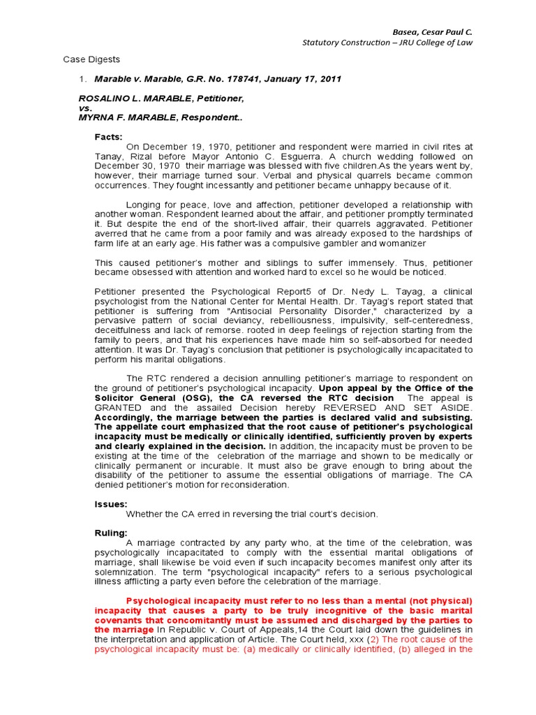 Marable v. Marable: Psychological Incapacity Case | PDF | Justice ...