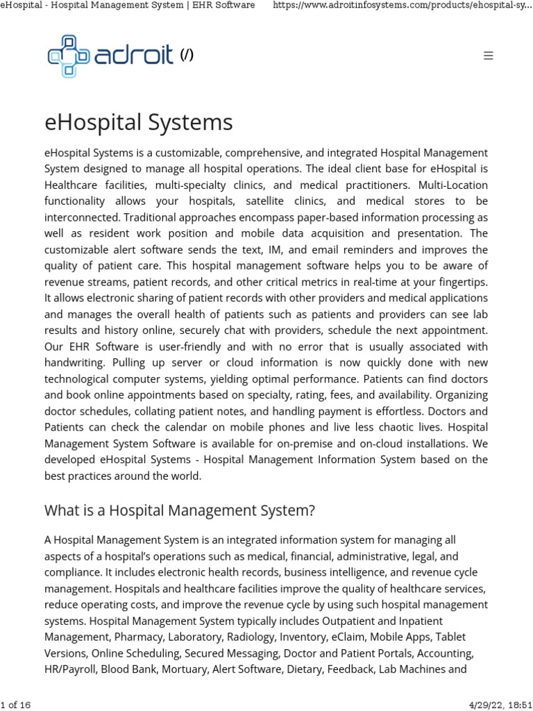 Ehospital - Hospital Management System - EHR Software | PDF ...