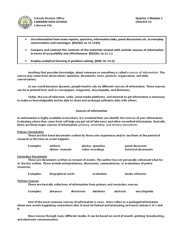 ENGLISH 10 Q1 MODULE 1 Sources of Information Media Accessibility and ...