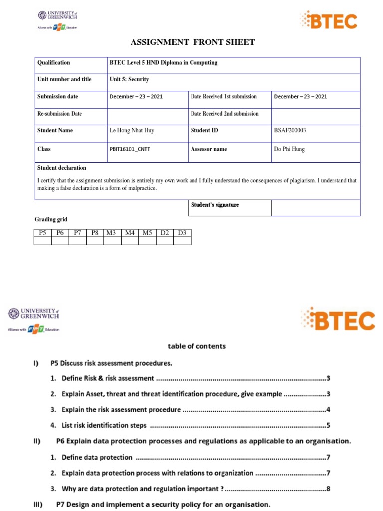 Unit 5 - Assignment 2 Frontsheet | PDF | Information Security | Risk