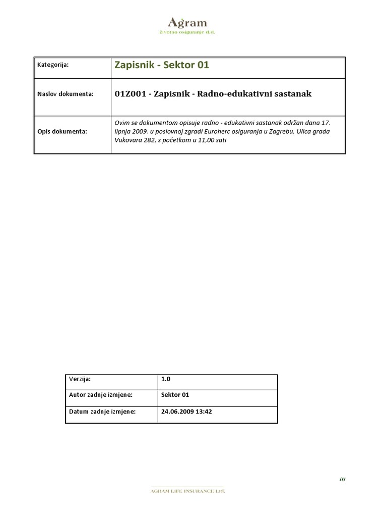01Z001 Zapisnik Radni Sastanak 17062009 | PDF
