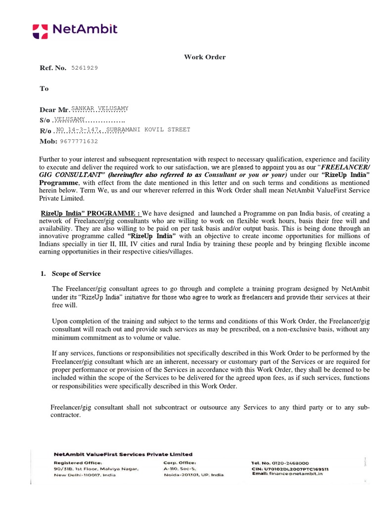 Work Order-NetAmbit GPay Work Order | PDF | Indemnity | Legal Liability