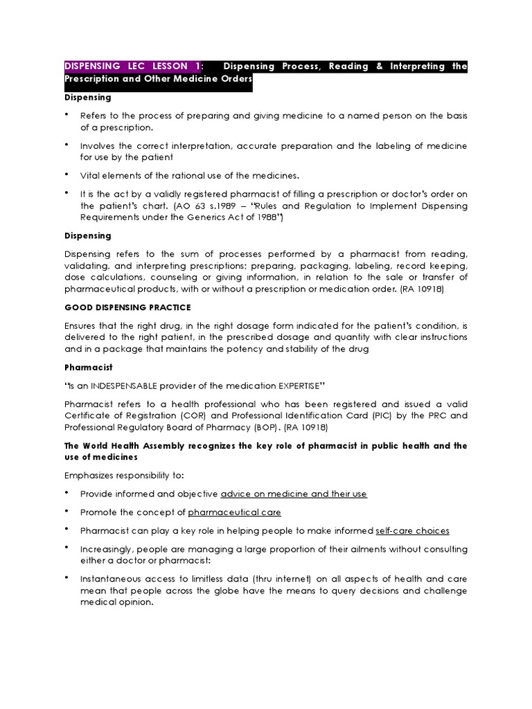 Lesson 1 To 4 Dispensing | PDF | Pharmacy | Prescription Drugs