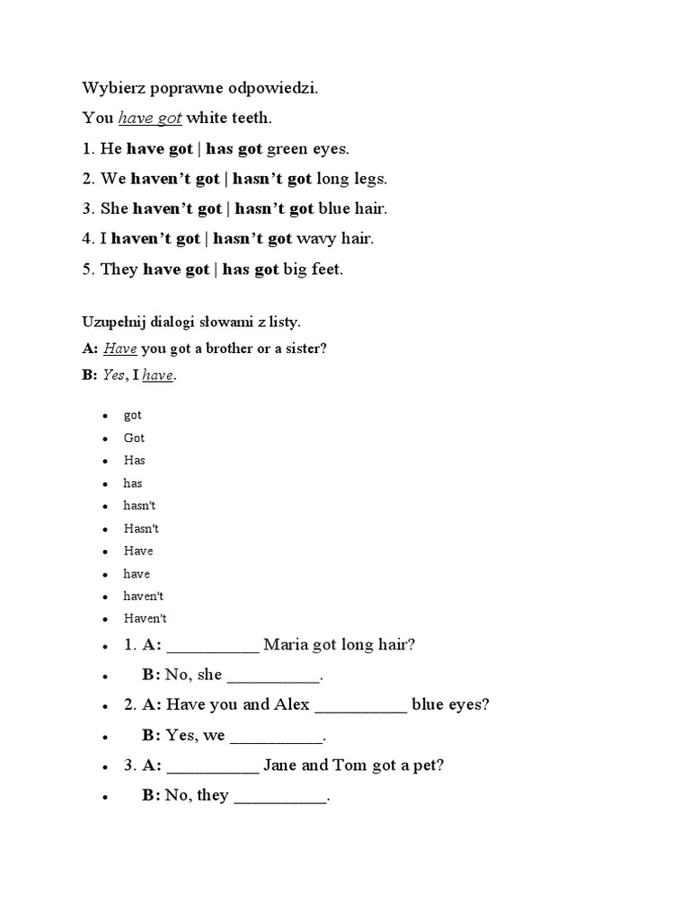 Karta Pracy Have Got Klasa 4 | PDF