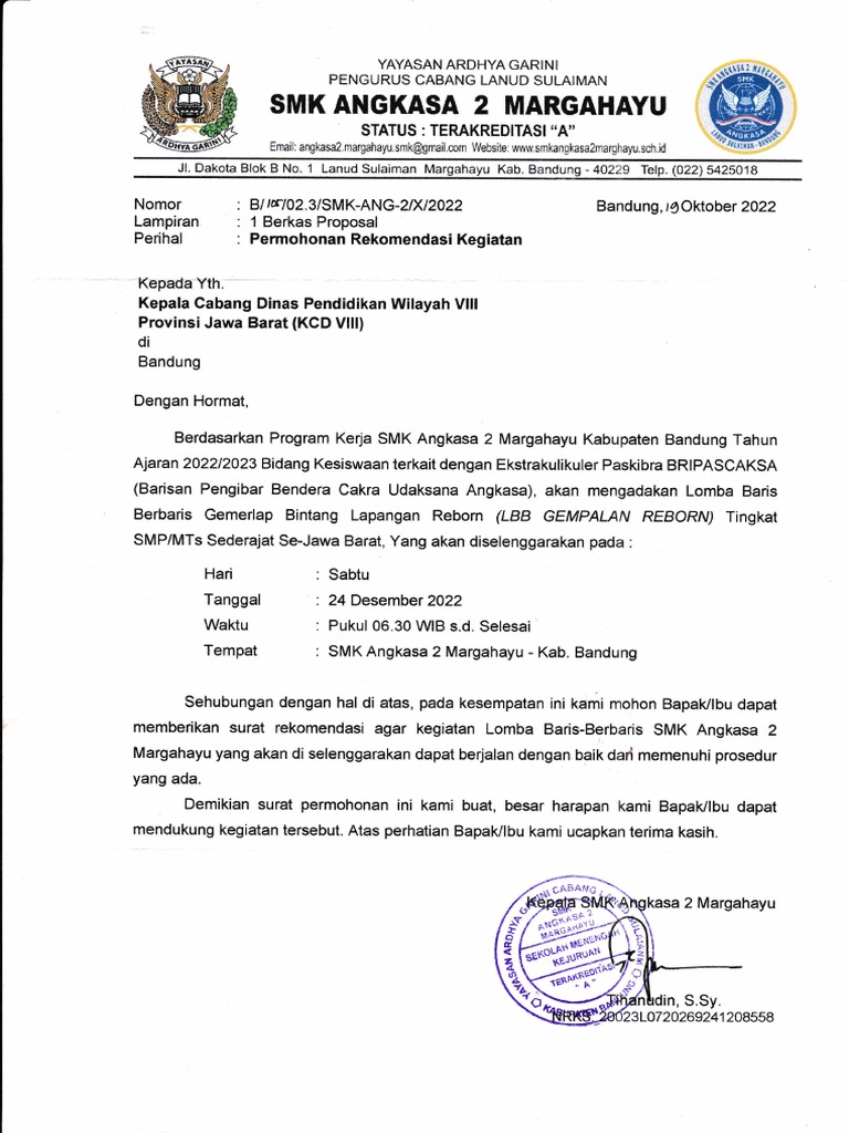 Surat Permohonan Rekomendasi Lomba Ke KCD | PDF