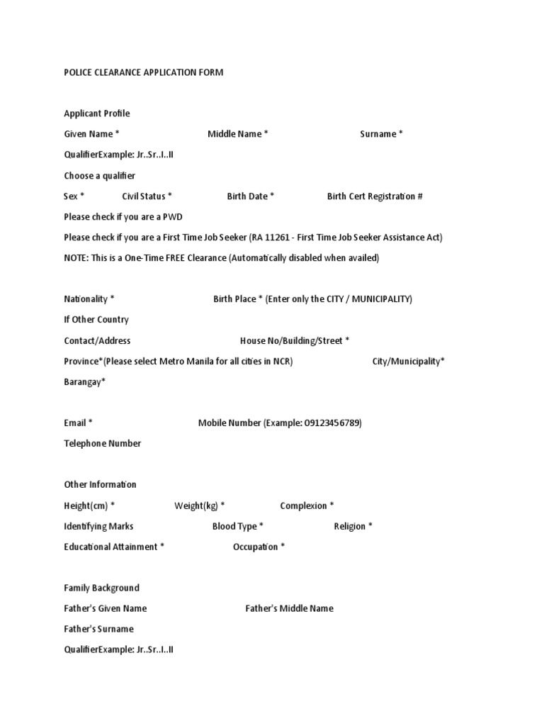 Police Clearance Application Form Pdf