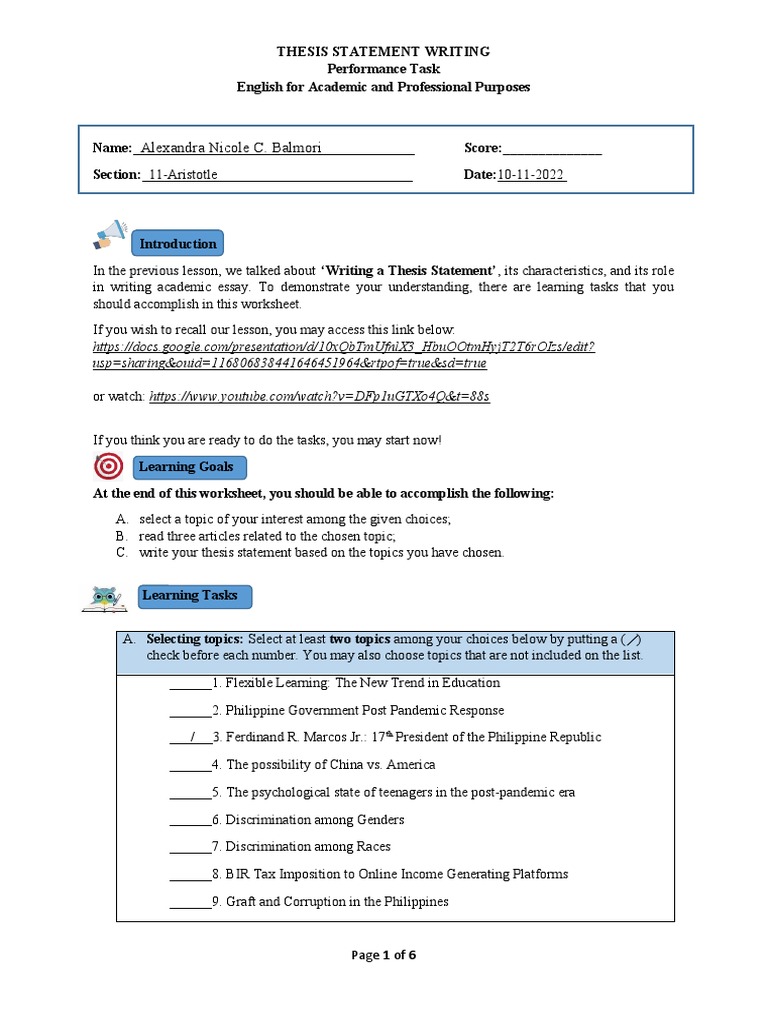 Performance Task in EAPP | PDF | Thesis | Marriage