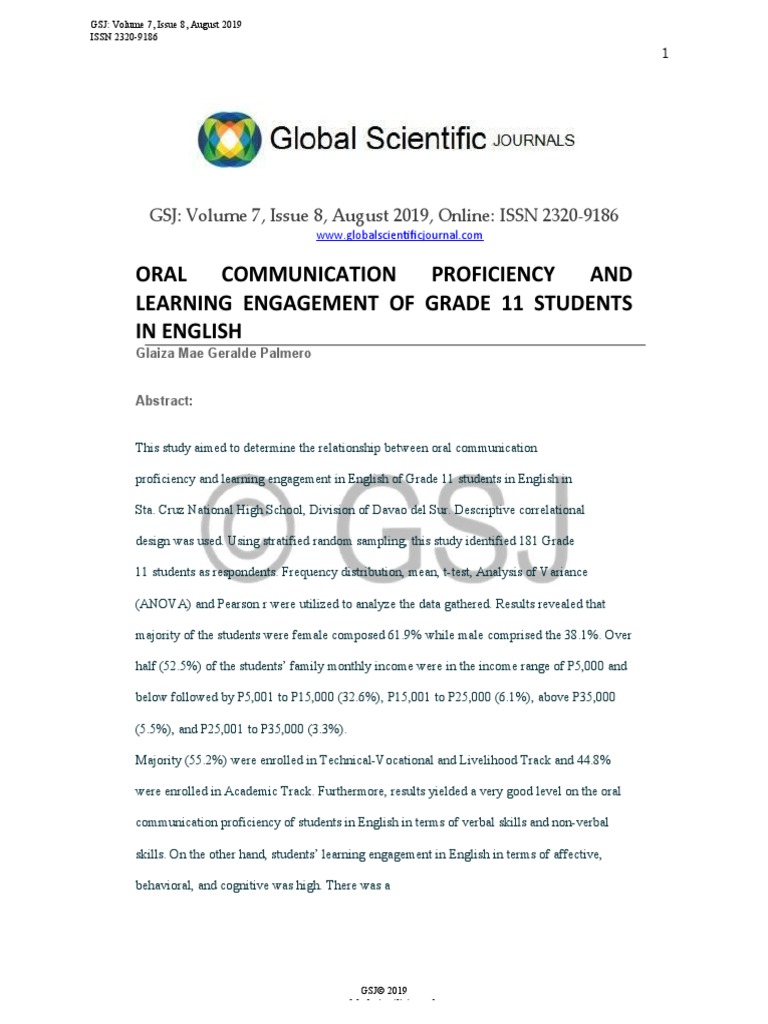Oral Communication Proficiency and Learning Engagement of Grade 11 ...