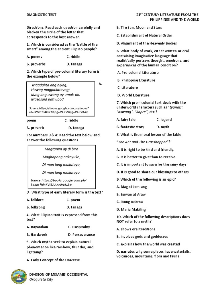 Diagnostic Test-21st Century Literature - Grade 11 | PDF | Novels | Poetry