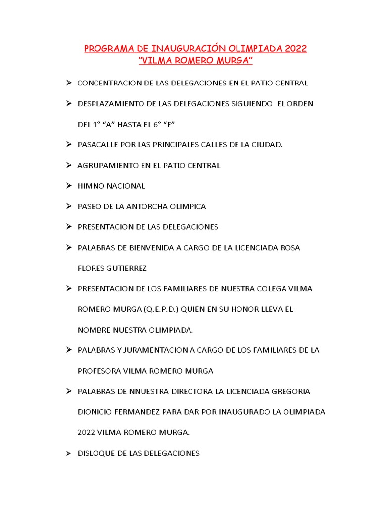 Programa de Inauguración Olimpiada 2022 | PDF