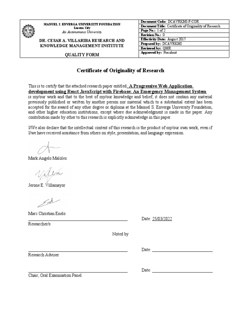 Certificate of Originality of Research 1 | PDF