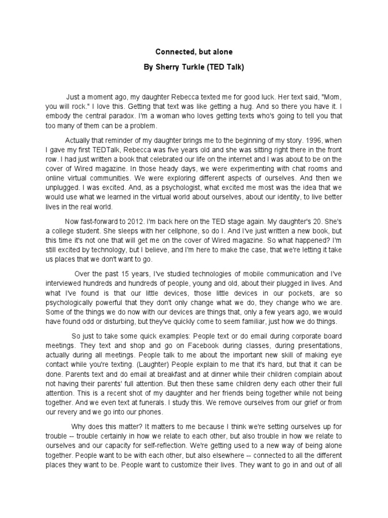Connected But Alone by Sherry Turkle Transcript | PDF | Empathy | Solitude