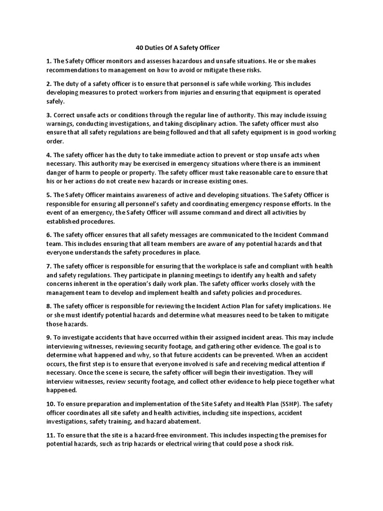 40 Main Roles and Responsibilities of Safety Officer 1664387435 | PDF ...