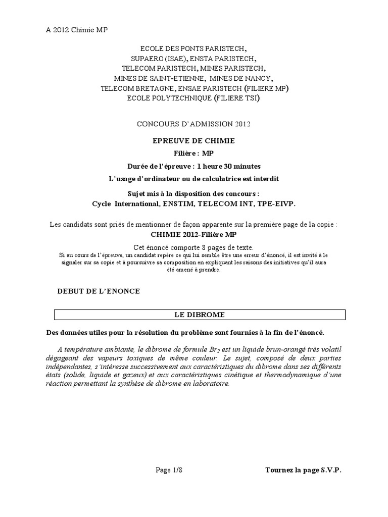 Chimie MP 2012 : Dibrome et Réactions | PDF | Cinétique chimique | Chimie