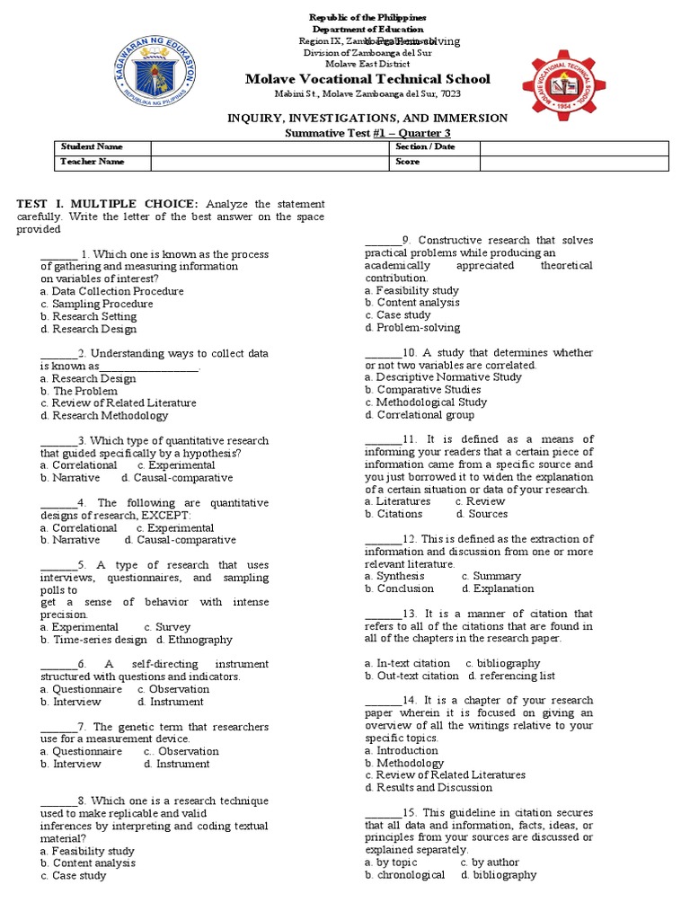 3is Quarter-3-Exam-2020-2021 | PDF | Brainstorming | Experiment