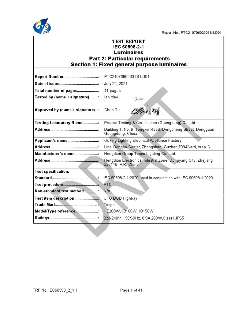 PTC21070602301S-LD01 IEC60598-2-1 Test Report | PDF | Ac Power Plugs ...