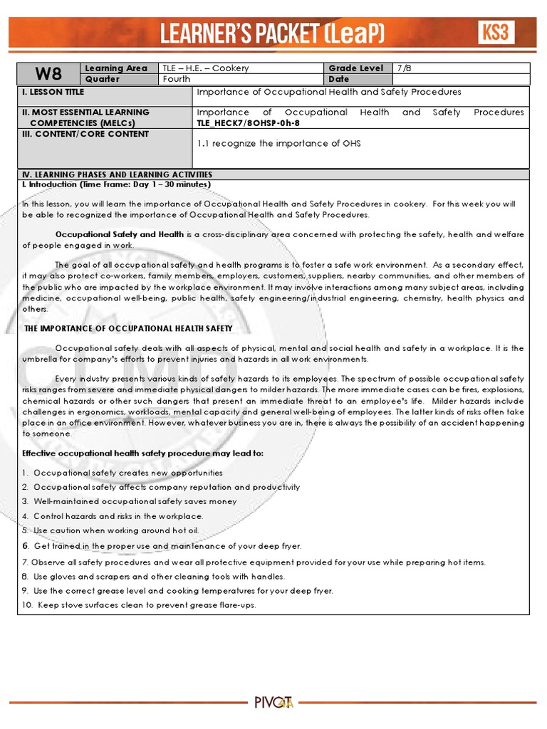 Q4 He Cookery 7 8 Week8 Pdf Occupational Safety And Health Safety