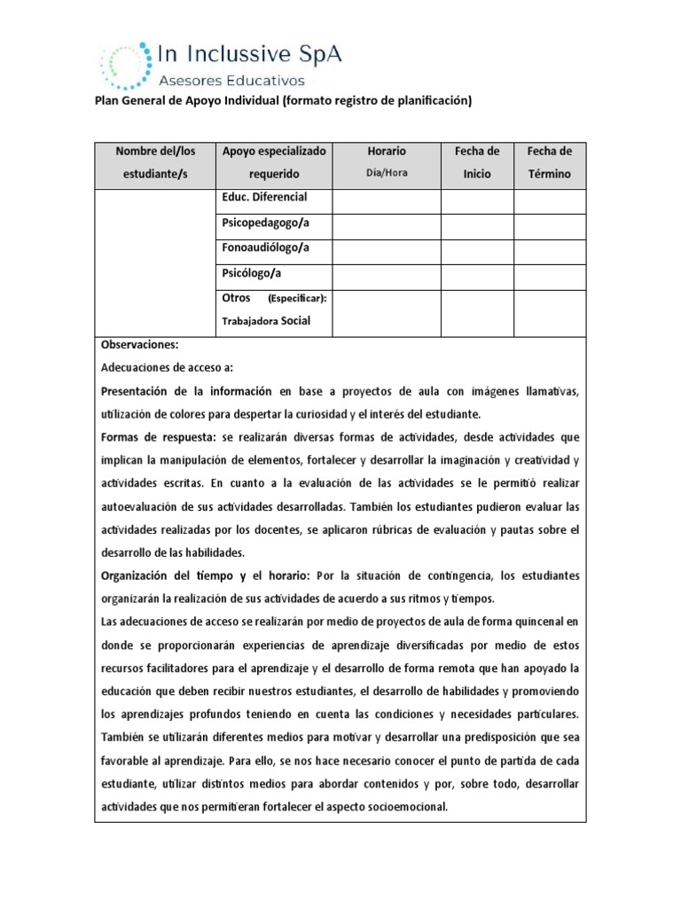 Ejemplo PAI Taller (4646) | PDF | Evaluación | Aprendizaje