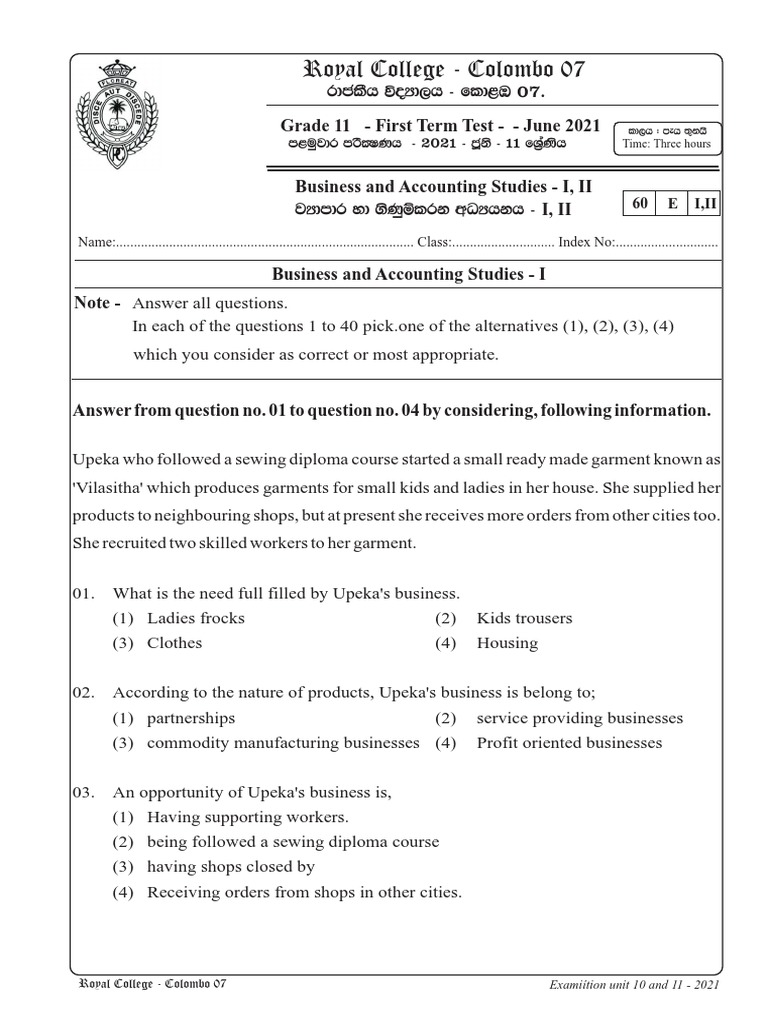 Commerce EM Royal College Term Test Papers 2021 | PDF | Debits And ...
