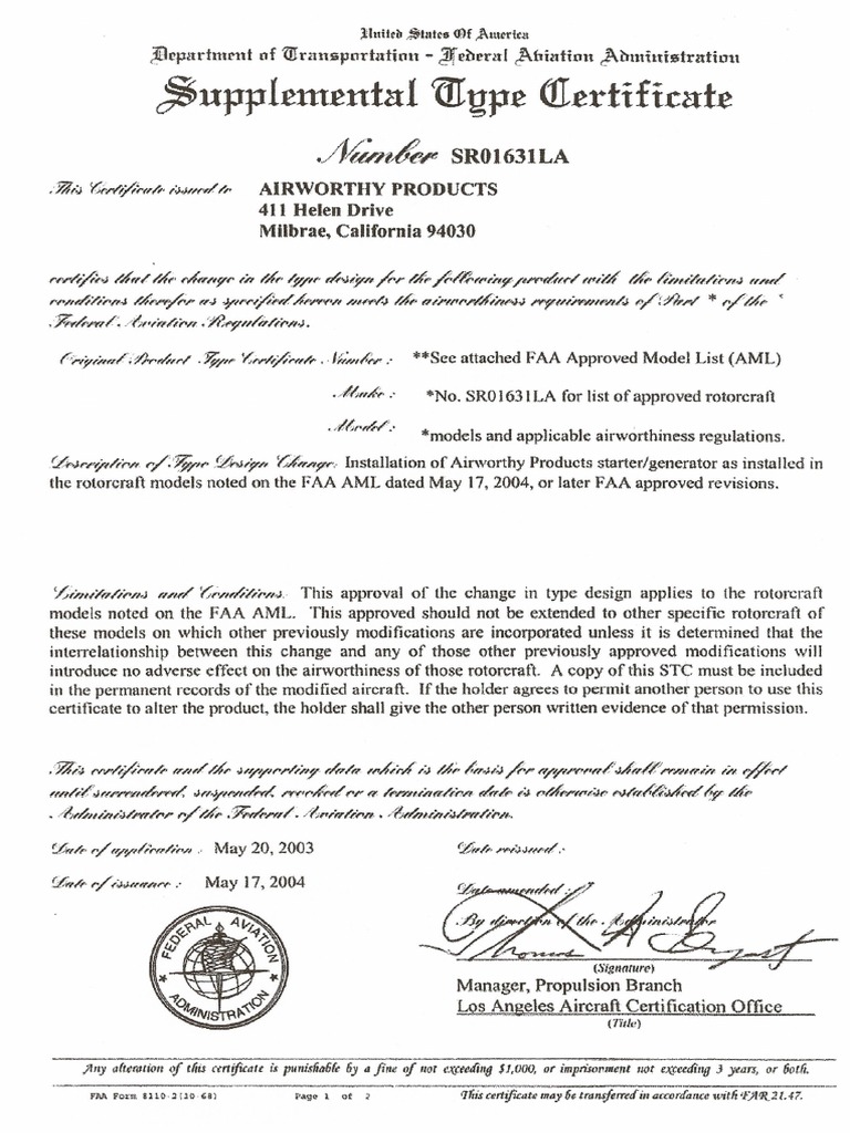 FCP-E200-1 STC PKG 5-24-11 (STC Docs To Customer) | PDF