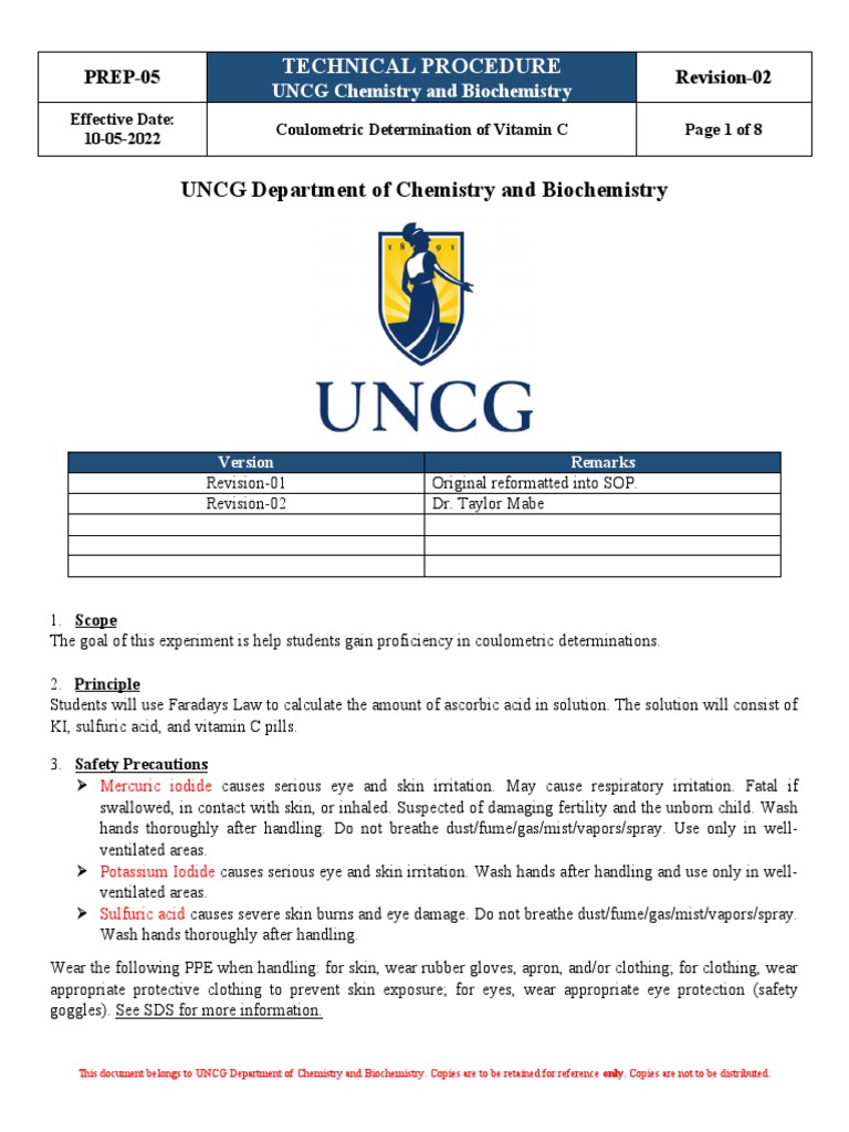 SOP, Lab 5 - Coulometric Determination of Vitamin C, v2 | PDF | Personal Protective Equipment ...