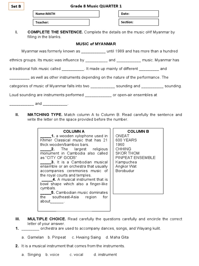 Music of Myanmar and Southeast Asia Quiz | PDF | Cambodia | Musical ...
