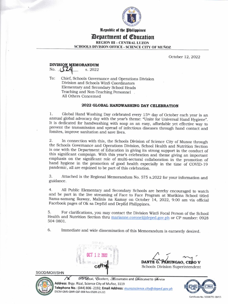 Global Handwashing Day Memo | PDF | Hand Washing | Public Sphere