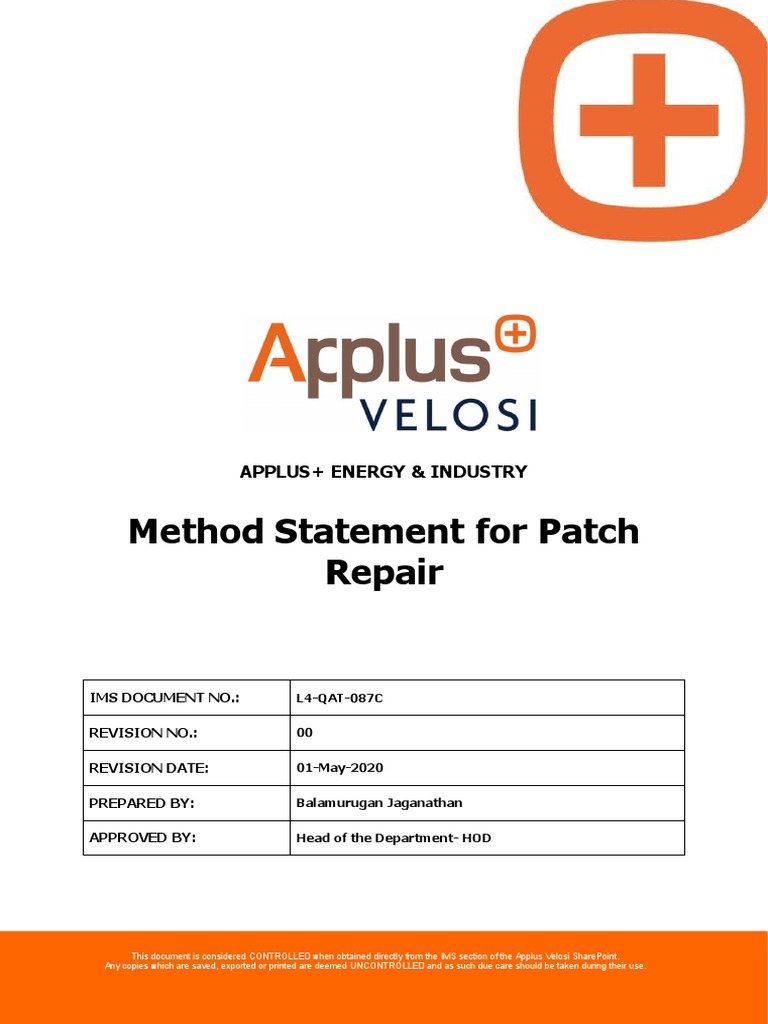 L4-QAT-087C Method Statement For Patch Repair Work | PDF | Fiberglass ...