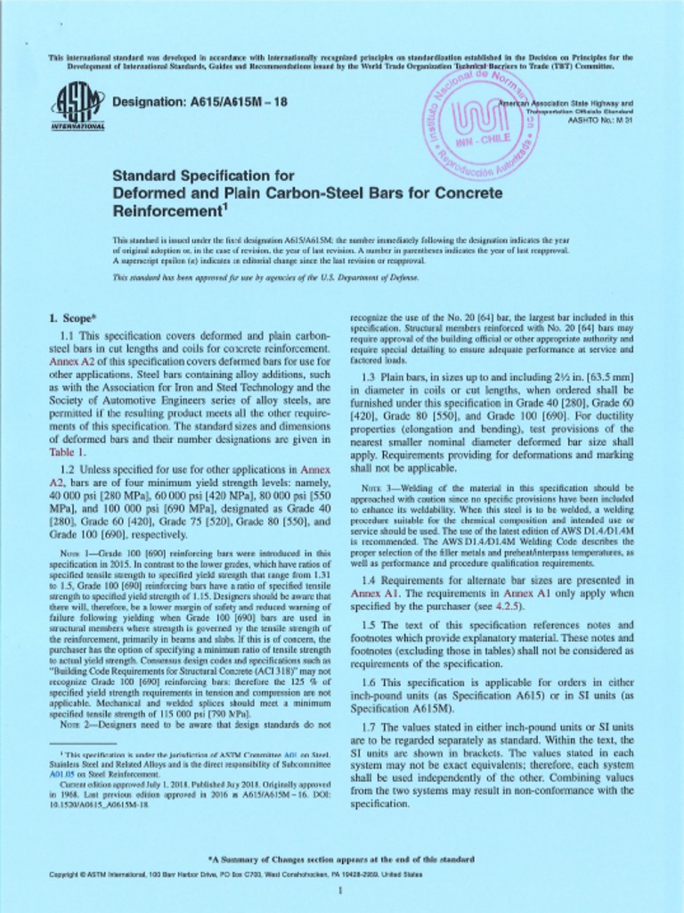 ASTM A615 - 2018 Deformed and Plain Carbon Steel Bars For Concrete ...