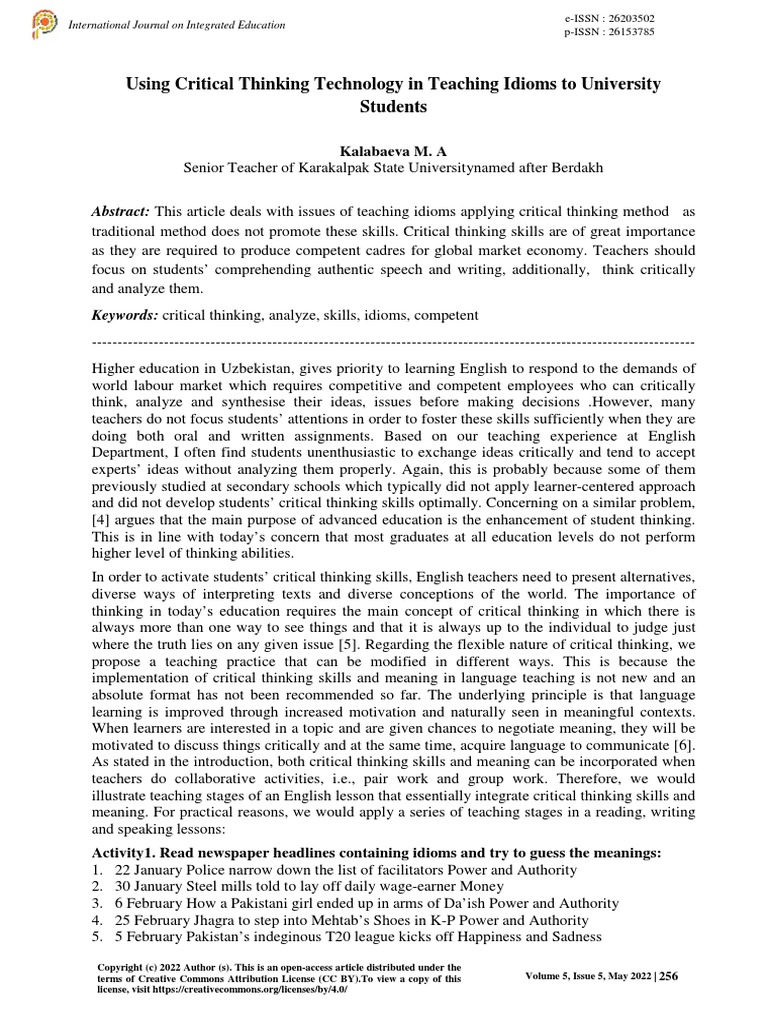 Using Critical Thinking Technology In Teaching Idioms To University