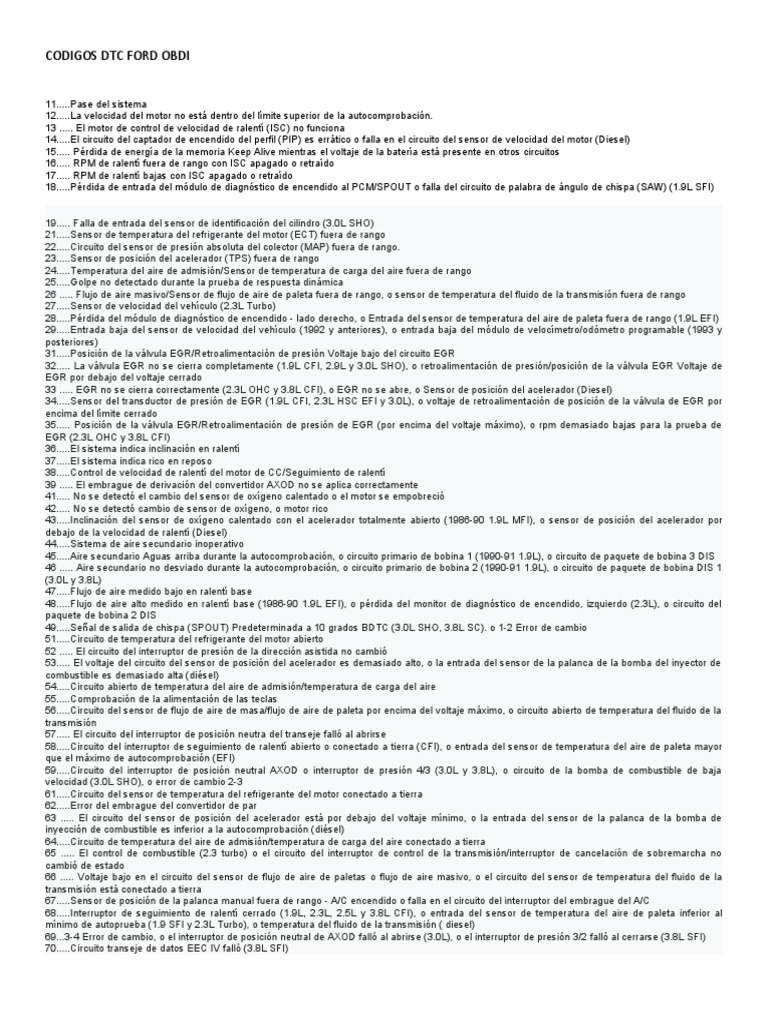 Codigos DTC Ford Obdi | PDF | Inyección de combustible | Acelerador
