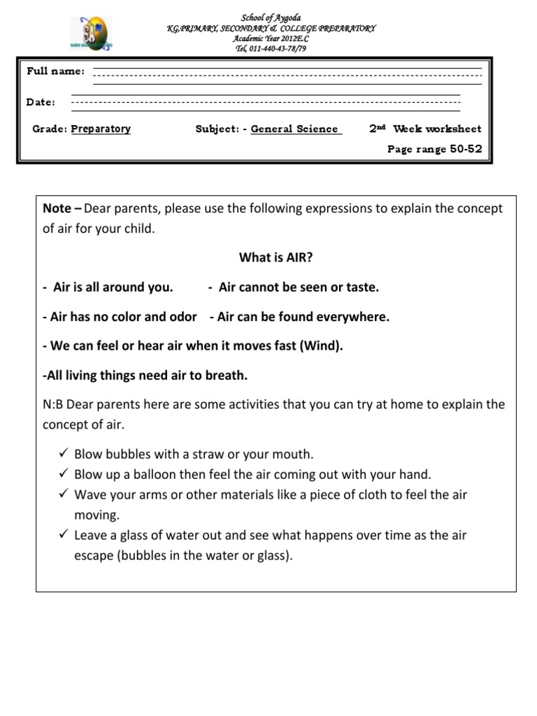 School of Aygoda General Science Worksheet for Grade Preparatory ...