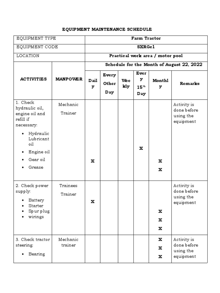 Tractor Maintenance Schedule August 2022 | PDF | Tractor | Motor Oil