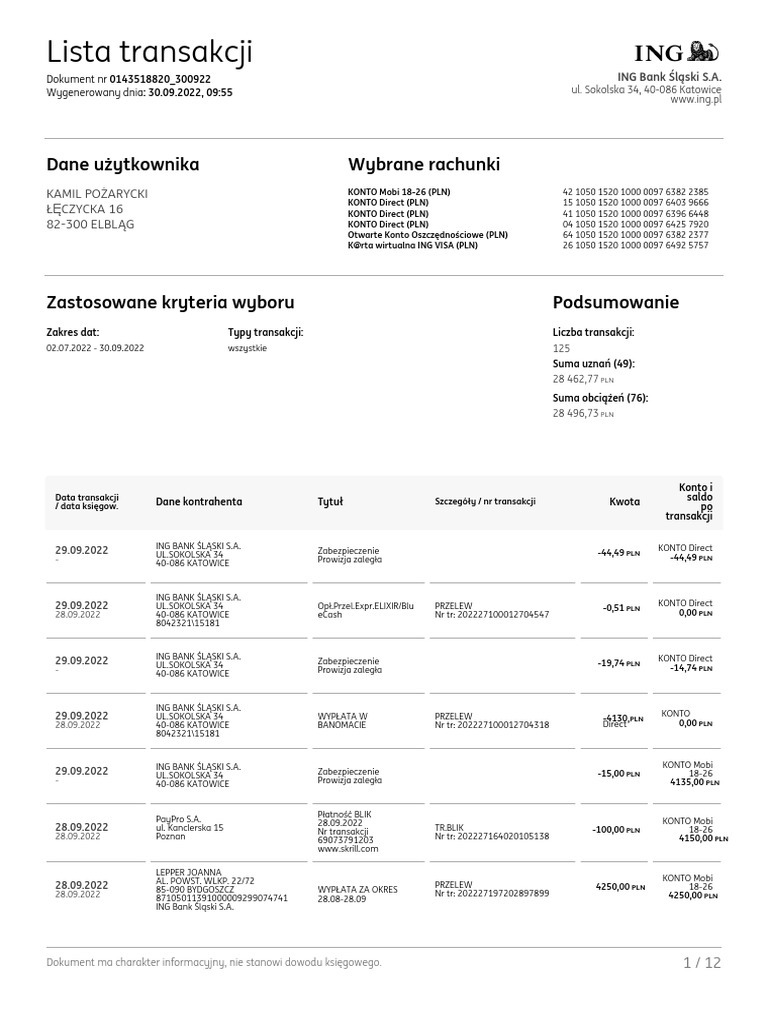 Lista - Transakcji - NR - 0143518820 - 300922 Backup | PDF