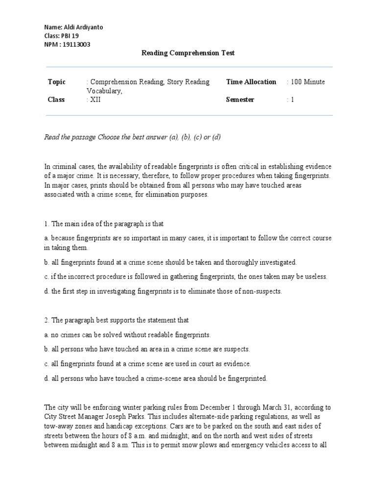 Reading Comprehension Test - Aldi Ardiyanto - 19113003 | PDF