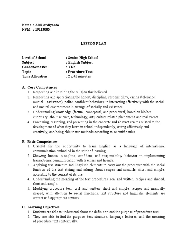 Lesson Plan (Procedure Text) - Aldi Ardiyanto - 19113003 | PDF | Cakes | Educational Assessment