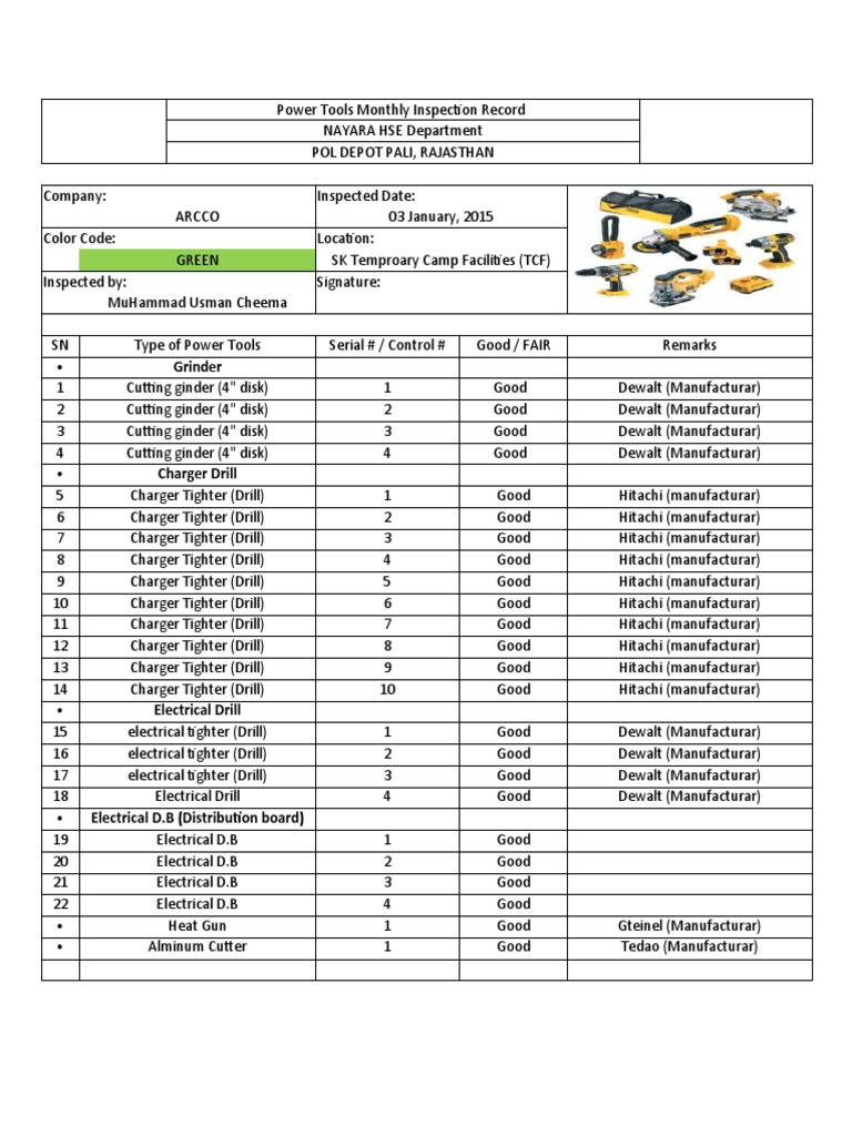 Power Tools Monthly Inspection | Download Free PDF | Metalworking ...