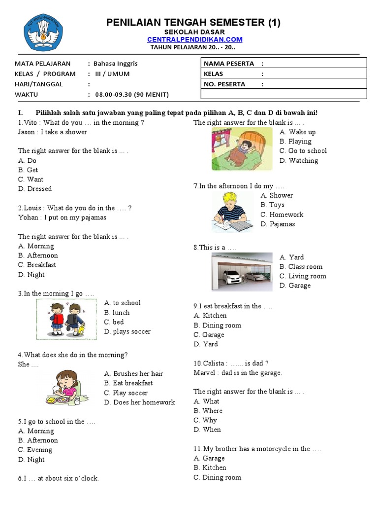 PTS Bahasa Inggris Kelas 3 SEM 1 | PDF | Bedroom | Domestic Life