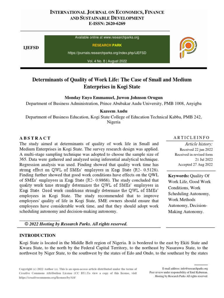Determinants of Quality of Work Life: The Case of Small and Medium Enterprises in Kogi State ...