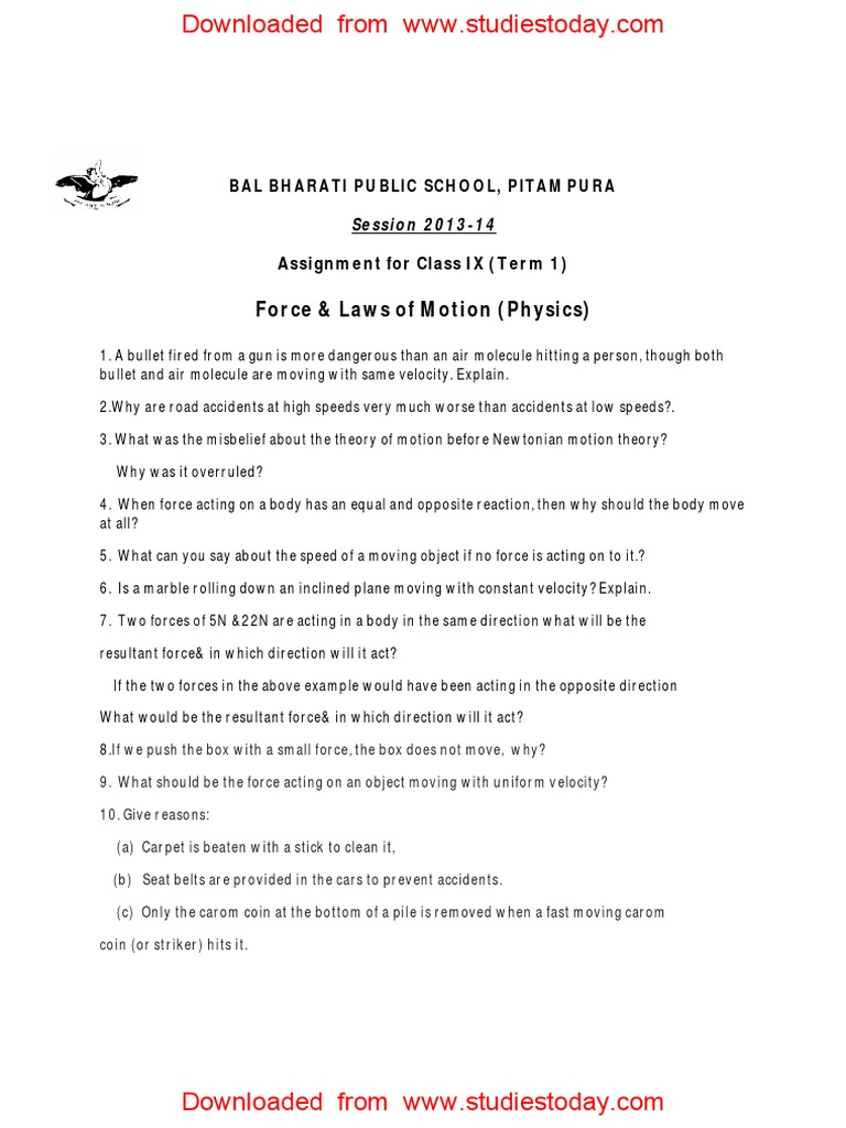 CBSE Class 9 Physics Force and Laws of Motion Worksheet Set D | PDF ... CBSE Class 9 Physics Force and Laws of Motion Worksheet Set D | PDF ...