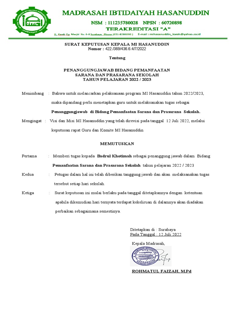 SK Penanggungjawab Sarpras MI Hasanuddin | PDF