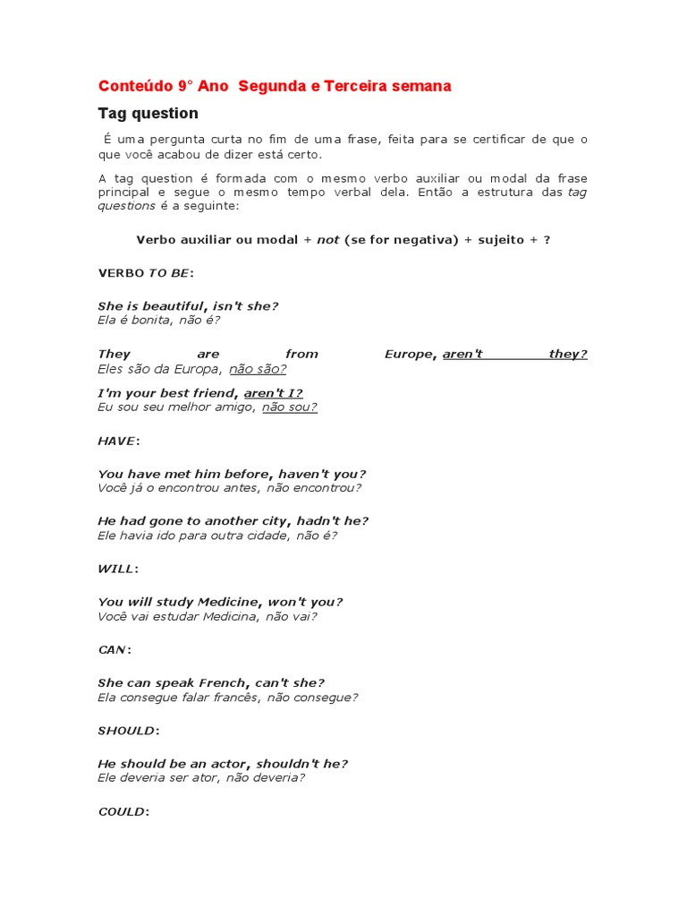 Tag questions: estrutura e exemplos de perguntas curtas para confirmar ...