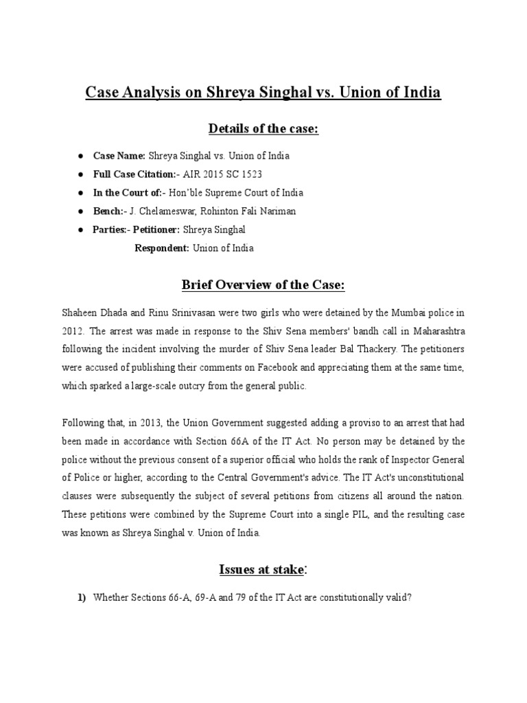 Case Analysis On Shreya Singhal Vs Union of India | PDF | Freedom Of ...