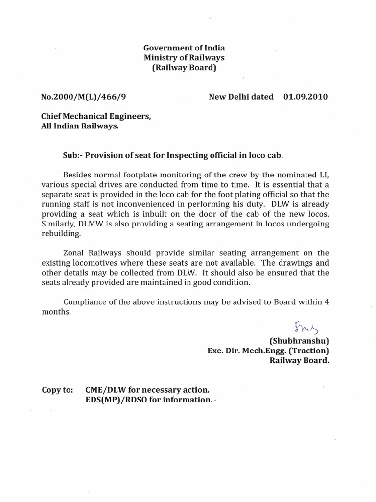 Provision of Seat For Inspecting Officials in Loco Cab - 010910 | PDF
