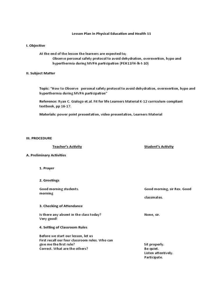 Detailed Lesson Plan in PE 11 SHS | PDF | Hyperthermia | Hypothermia