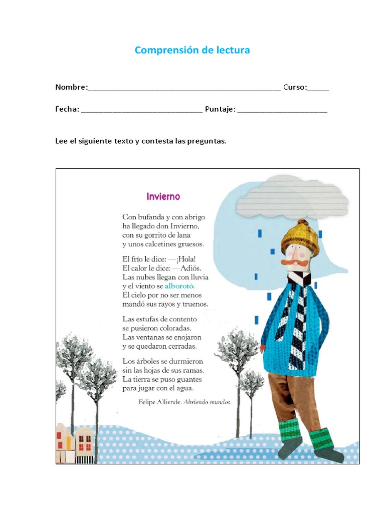 Hoja De Trabajo Imprimible De Comprensión Lectora De Invierno